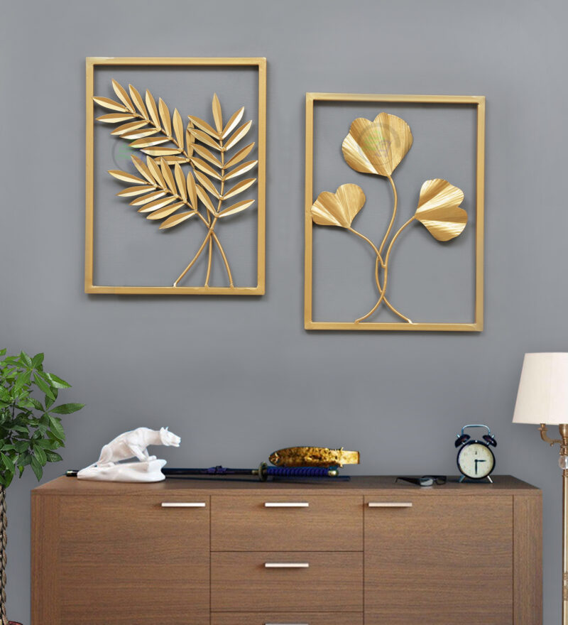 Golden Botanical Harmony – Set of 2 Metal Wall Frame Art ...
